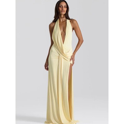 Mozision Halter Deep V Neck Backless Sexy Maxi Dress Women G