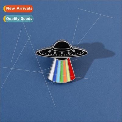 Cartoon spaceship brooch alien flying saucer rainbow beam me