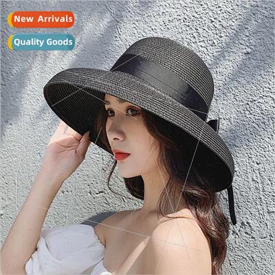 Retro Hepburn black straw hat sun hat sunscreen vacation sea