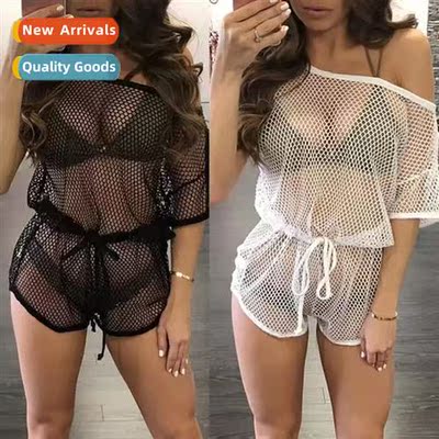 2022 spring  summer sexy strapless hollow mesh jumpsu mesh s