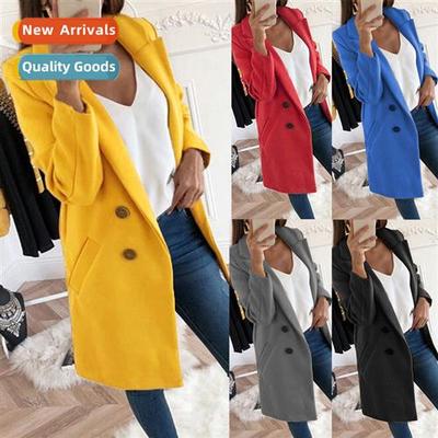 2023 new solid color lapel medium-length butts tweed coat wo