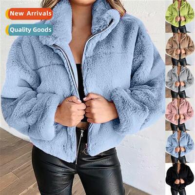 2023 Womens Autumn  Winter Rabb Fur Faux Fur Zipper Cardigan