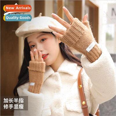 Autumn and winter warm knted gloves womens half-finger lengt