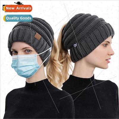 9898 new winter knted hat women hair harness ponytail hat ca