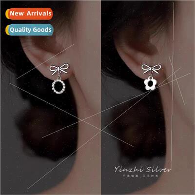 Asymmetrical bow flower earrings female niche diamond stud e