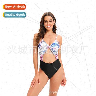 2022 new leaky belly swimsu female Europe print bikini sexy