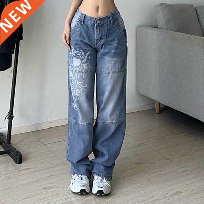 Harajuku printed Cargo Jeans Y2K Dark Blue brown High Waist