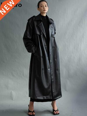 Lautaro Autumn Extra Long Oversized Black Faux Leather Trenc
