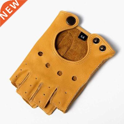 Winter Real Leather Fingerless Gloves for Men Black Half-Fin