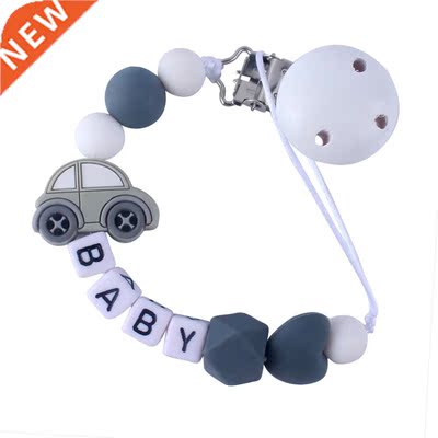 Personalized Name Gray Wood Baby Pacifier Clips Silicone Car