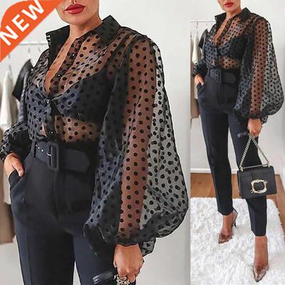 New Women Mesh Sheer Blouse See-through Lantern Long Sleeve