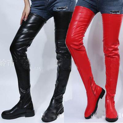 2022新欧美女过膝长筒弹力低粗跟靴子侧拉链pu圆头Knee-high boot