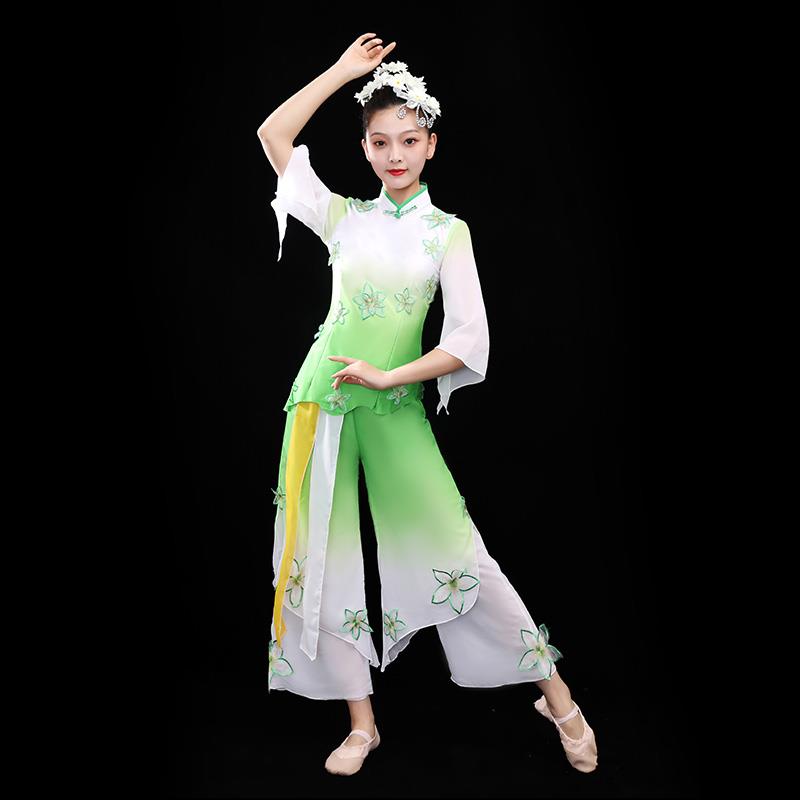 新款茉莉花古典舞蹈服扇子舞秧歌服广场舞绿色喜庆舞台演出服成人