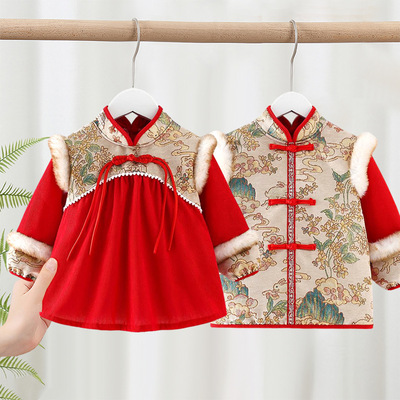 新款女童中国风拜年服女裙男宝宝罩衣冬季中式过年儿童国风反穿衣