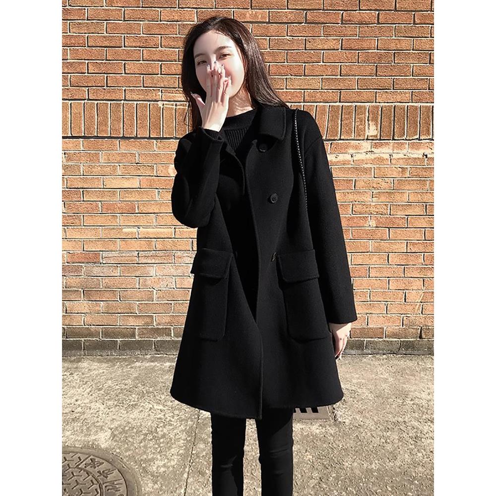 纪诗哲双面羊绒大衣女2025秋冬新款小个子黑色高级感中长毛呢外套