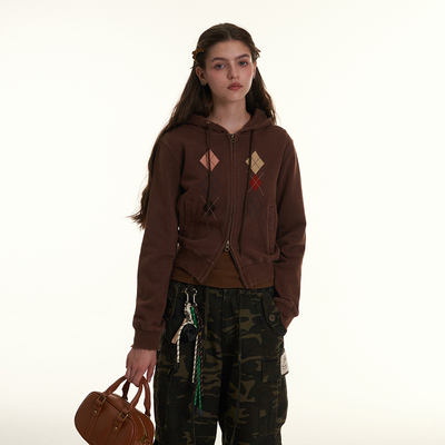 菱格刺绣双拉连帽短款卫衣外套