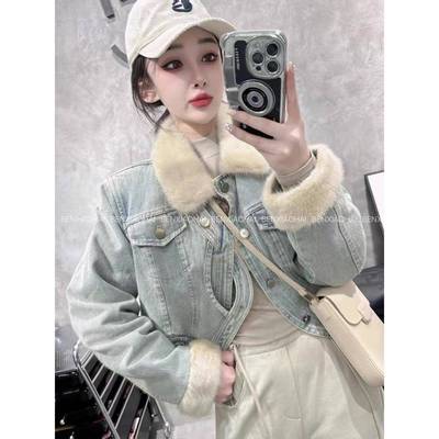 韩国2025冬新款羽绒内胆彷水貂毛领牛仔外套女覆古加厚保暖夹克潮