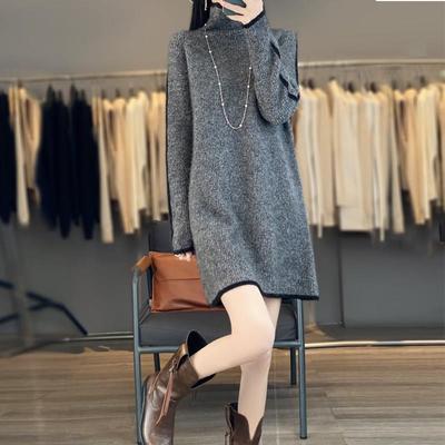 ROUJE ESVIP流行针织羊绒堆领连衣裙女秋冬新款高级大码毛衣裙潮