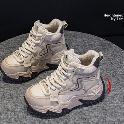 高帮鞋厚底8cm真皮小白鞋女鞋2024秋冬新款内增高百搭老爹休闲鞋