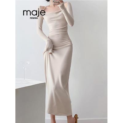 高端定制 彷羊绒方领纯欲秋冬挂脖长裙女显瘦气质长款针织连衣裙