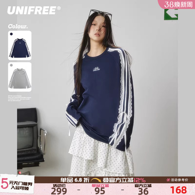 UNIFREE芭蕾风长袖T恤女蕾丝拼接宽松学院风潮牌百搭新款慵懒上衣
