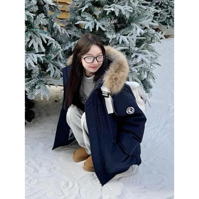 LILY MOST学院风藏蓝色工装羽绒服派克服女短款新款毛领冬季外套