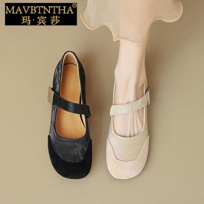 玛宾莎复古真皮拼接女鞋平底浅口单鞋女仙女风一字带方头玛丽珍鞋