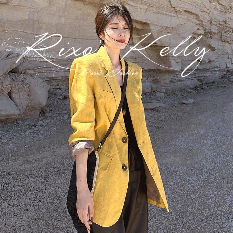 RIXO STREET春秋款法式多巴胺设计酷飒拽姐风亚麻西装外套女装