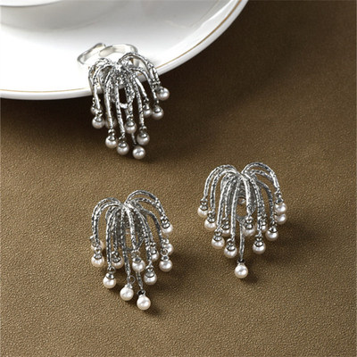 复古水中花火珍珠耳环戒指女