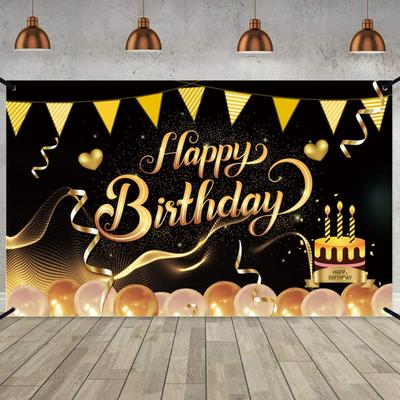 Happy Birthday Backdrop Banner Large Black Gold Balloon Star