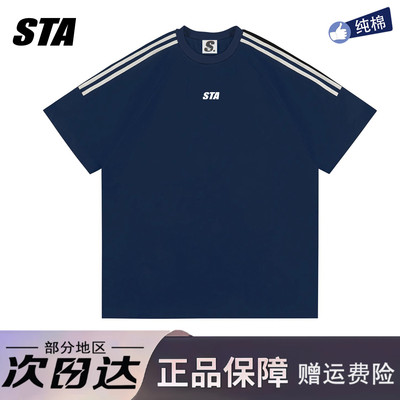 STA旗舰店美式复古拼接插肩短袖男女夏季重磅高街情侣宽松织带T恤