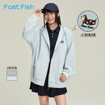 快鱼2026春季新款针织外套女休闲宽松个性刺绣小狗图案连帽卫衣
