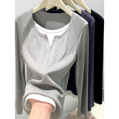 韩国Honey koko⭐假两件设计感长袖T恤女秋季修身显瘦圆领打底衫