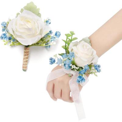 Whe & Blue Rose Corsage and n Boutonniere Set for