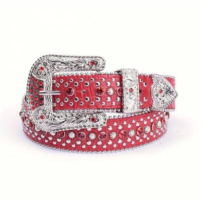 Women's Belts 复古风红皮带水钻镶嵌复古风