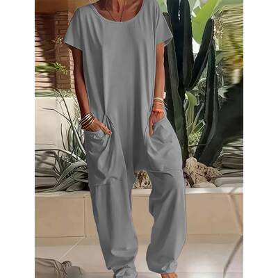 L 7418 V-neck big-pocket jumpsuit V 领大口袋连体裤跨境专
