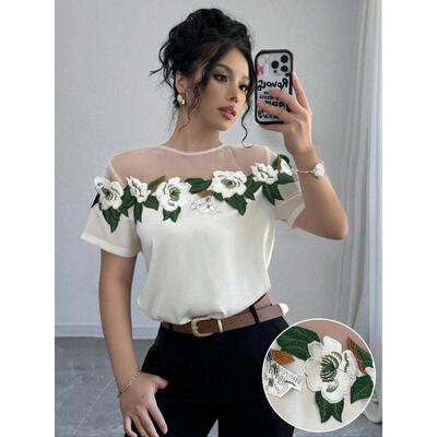 P 31477 Lady Tulle Satin Embroidered Shirt 名媛风网纱拼接缎
