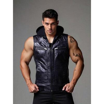 T 57953 Men's Hooded Leather Vest 士皮马甲