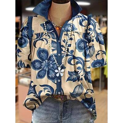 H 41689 Print loose women shirt cardigan 印花宽松女士衬衫开