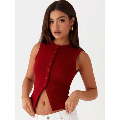 Womens Casual Ladies Basic Solid Button Front Ribbed Fitted