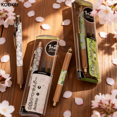 KOOKEI中性笔缤纷樱花幸运四叶草限定款原木笔握1+2套装笔CS笔尖速干0.5mm按动式水笔黑色学生用刷题笔签字笔