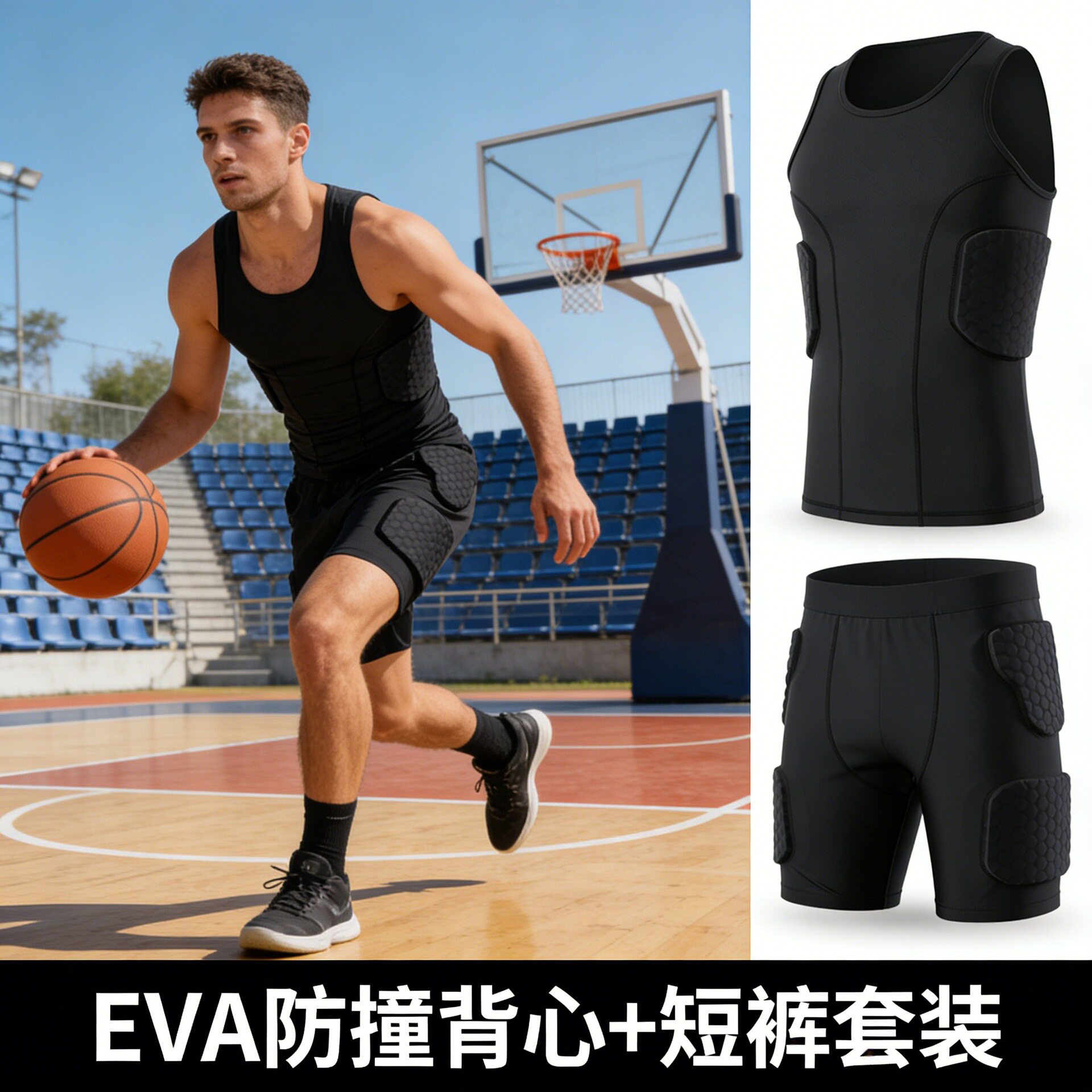 篮球防护背心短裤套装男士成人足球运动训练护具减震透气防护衣裤