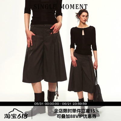 SINGLE MOMENT 26SS夏季法式工字褶抽绳宽松阔腿七分裤休闲短裤女