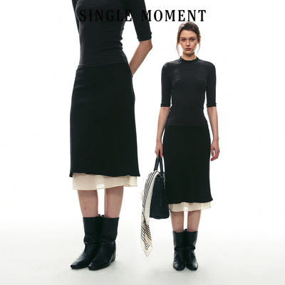 SINGLE MOMENT 26AW经典法式轻奢风醋酸直筒撞色波浪边半裙女