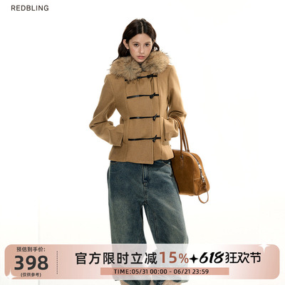 RedBling 原创设计牛角扣连帽毛呢外套冬季毛领气质短款收腰上衣