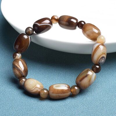 Natural Stone Coffee Lace Agates Bracelet Cylinder Drum