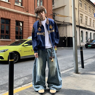 美式复古潮牌藏蓝色短款棒球服外套街头cleanfit夹克男宽松男外套