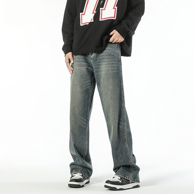 美式复古做旧微喇拖地牛仔裤