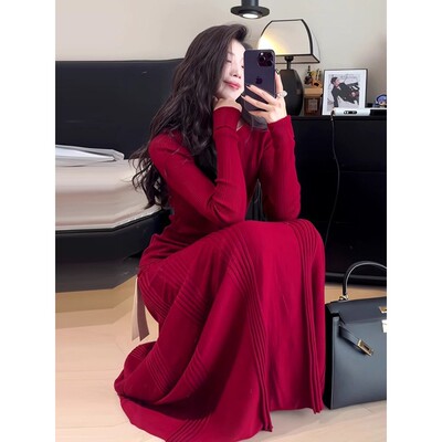 FAshi 2025年新款秋冬季法式气质高级感收腰红色针织两件套装长裙