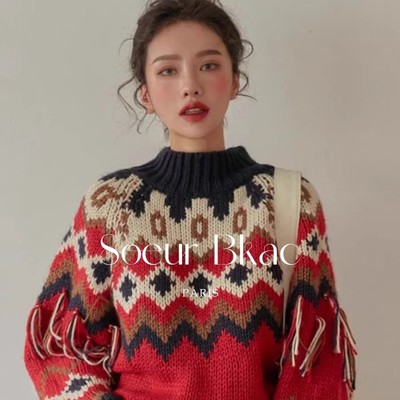 法国SOEUR BKAC法式复古菱格费尔岛流苏针织衫毛衣女秋冬撞色上衣